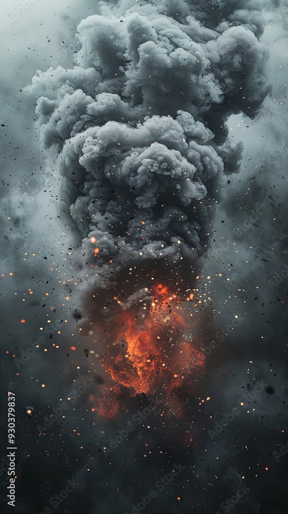 Fire explosion particles flying with black or grey dark smog cloud ...