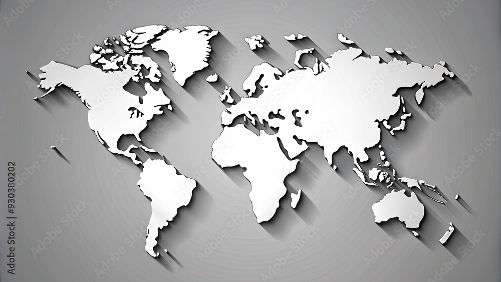 A plain white world map with bold black outlines and subtle gray ...