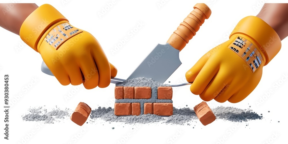 3d rendering, cartoon human arm with trowel and red brick. Masonry ...