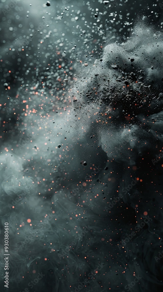 Fire explosion particles flying with black or grey dark smog cloud ...