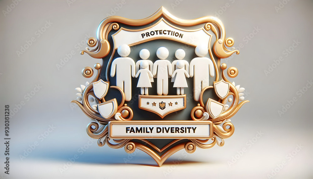 ภาพประกอบสต็อก 3D Family Diversity Shield Frame with Protection Text ...