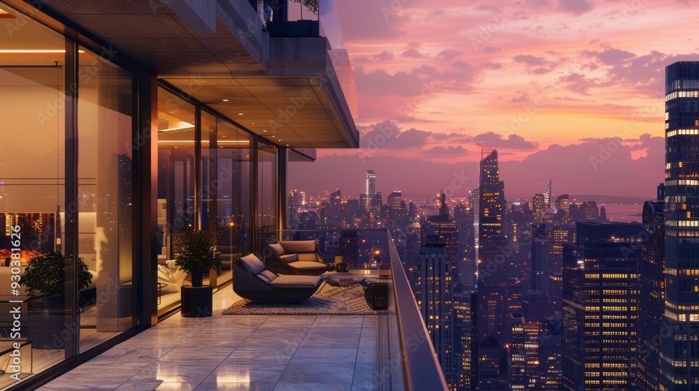 Beautiful sunset view from the terrace of an expensive apartment ...