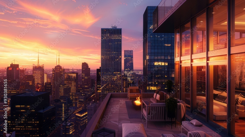 Beautiful sunset view from the terrace of an expensive apartment ...