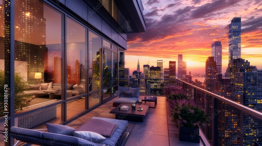 Beautiful sunset view from the terrace of an expensive apartment ...