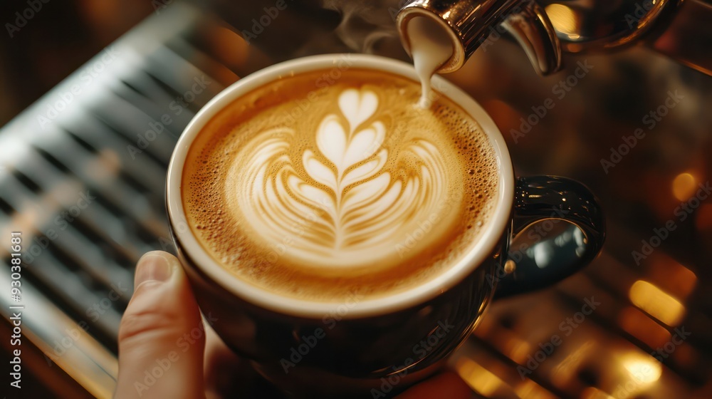 arista creating intricate latte art in a coffee cup, focusing on the ...