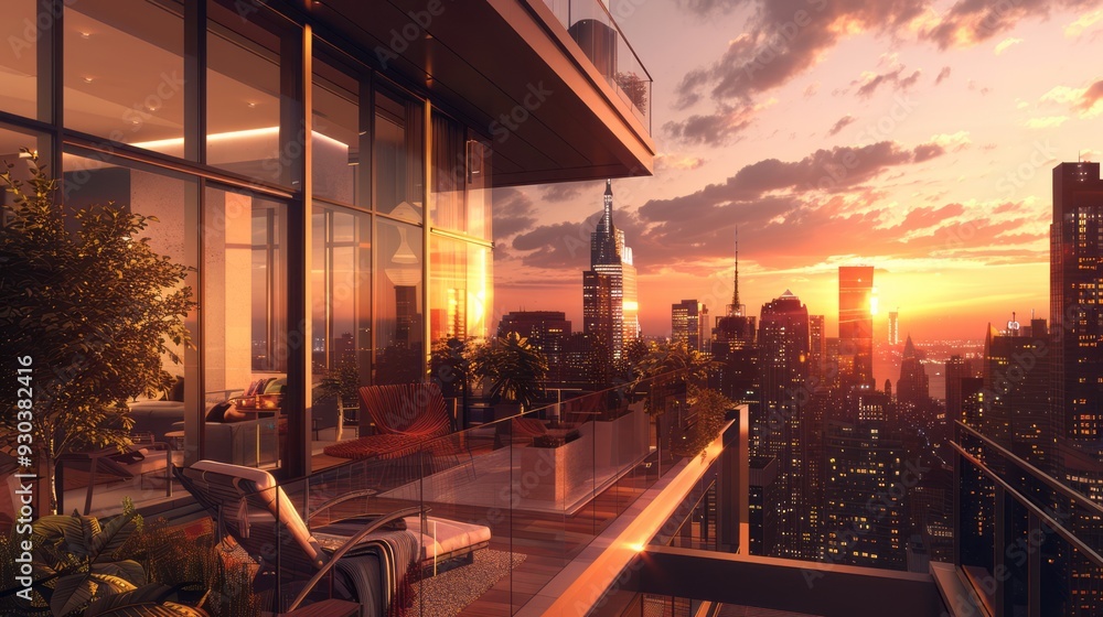 Beautiful sunset view from the terrace of an expensive apartment ...