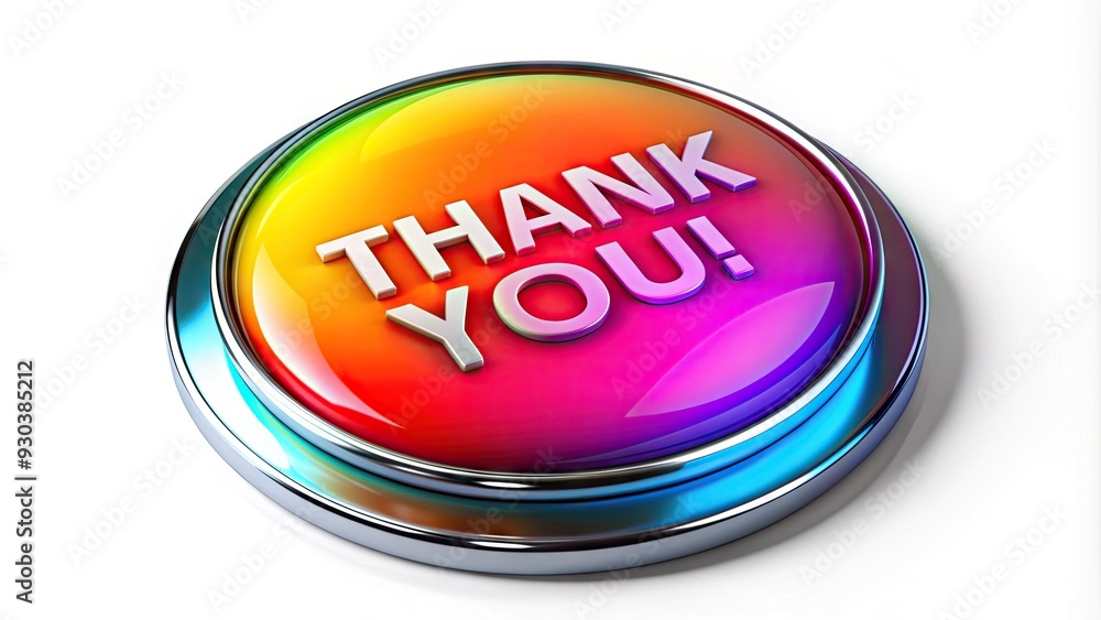 A shiny metallic button with a bold, modern design featuring the words ...