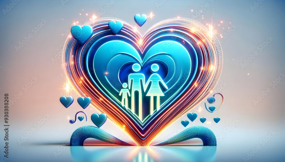 3D Glowing Abstract Family Heart with Care Symbols Concept - Vibrant ...