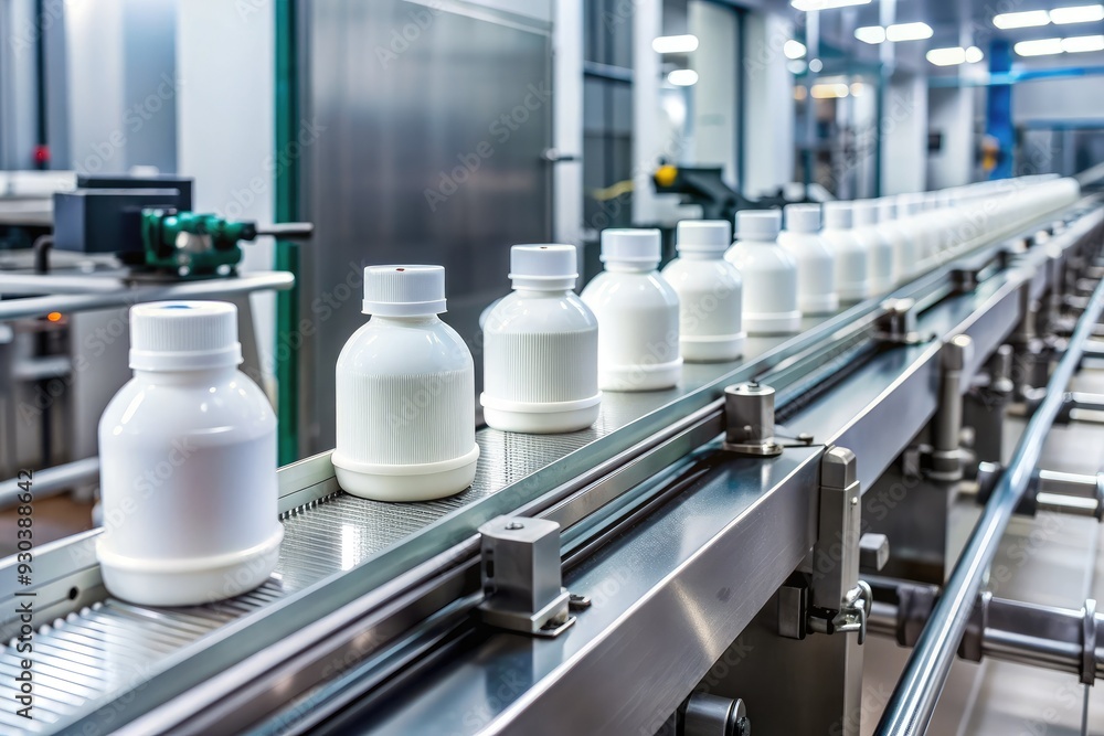 A sleek white plastic bottle advances on a conveyor belt, undergoing ...
