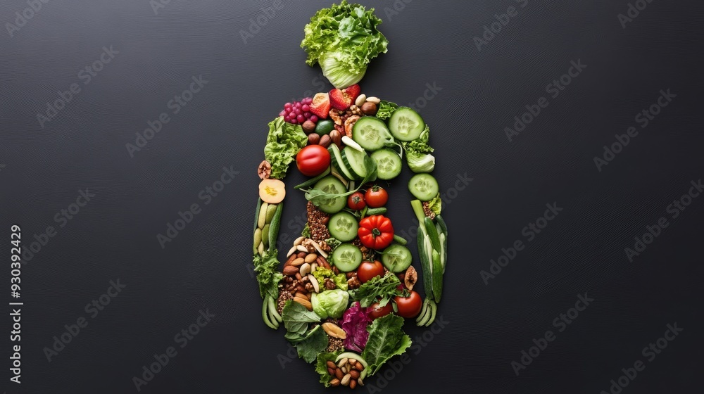 A vibrant human body outline crafted from cucumber, lettuce, tomato ...