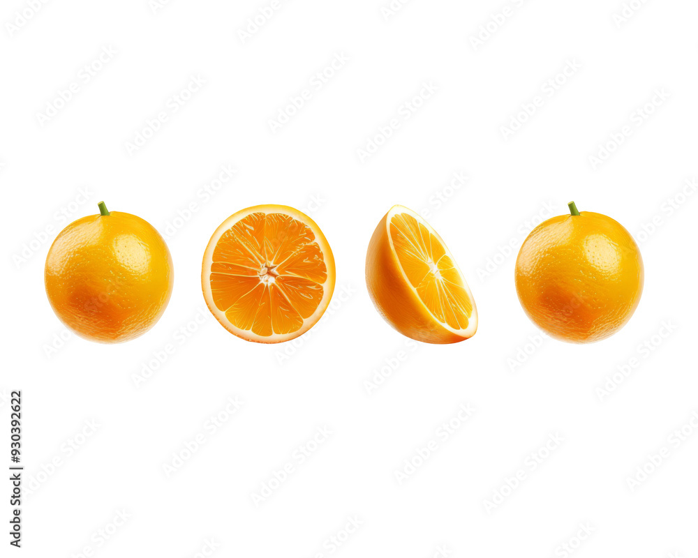 Four oranges in a row, one whole, one sliced in half, one cut open and ...