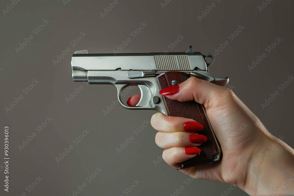 Weapon pistol in woman's hands with red nails manicure. Murderer or ...