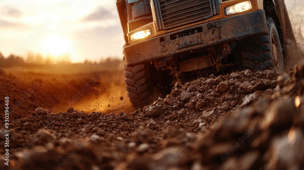 An evocative close-up shot capturing the muddy, robust wheels of a ...