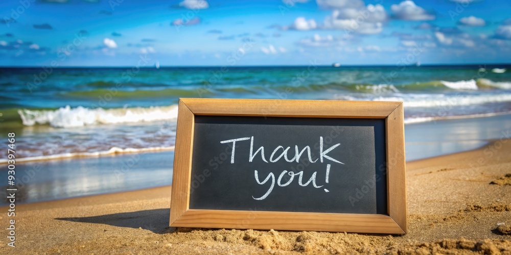 A stylized "Thank you" message scrawled on a black chalkboard with a ...