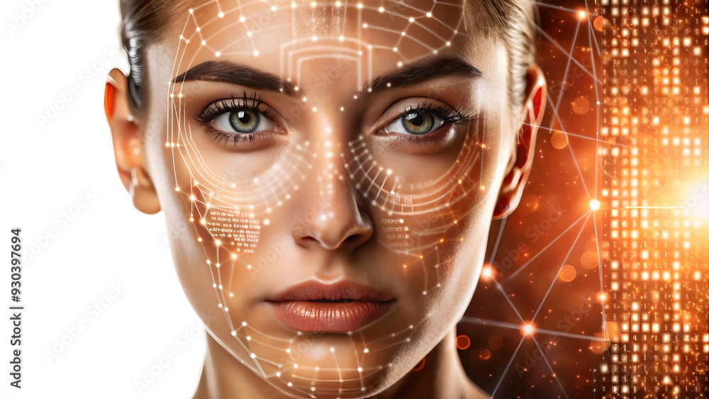 Abstract 3D AI Driven Digital Identity Elements Concept Featuring Biometric Patterns and Data ...
