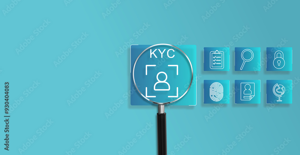Magnifying glass focusing on Know Your Customer (KYC) compliance and ...