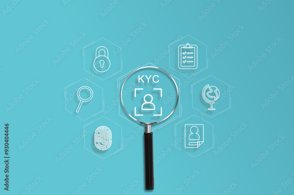 Magnifying glass focusing on Know Your Customer (KYC) compliance and ...