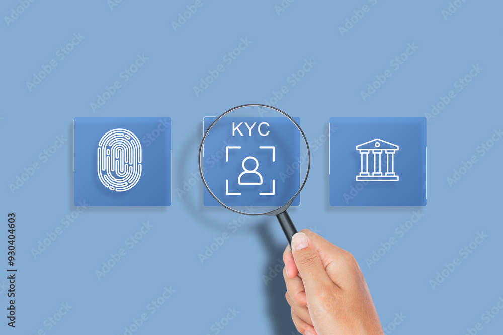 Magnifying glass focusing on Know Your Customer (KYC) compliance and security interface on ...