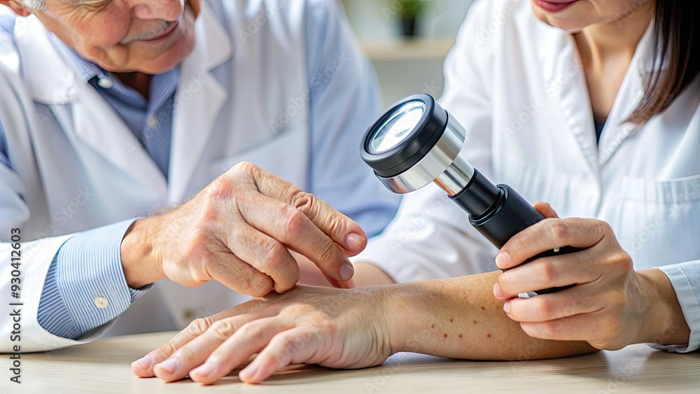 Close-up of a doctor's hand examining a patient's hand with a ...