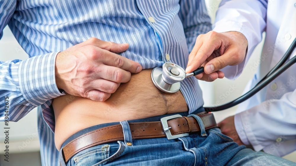Close-up of a doctor's hands examining a patient's abdomen, palpating ...