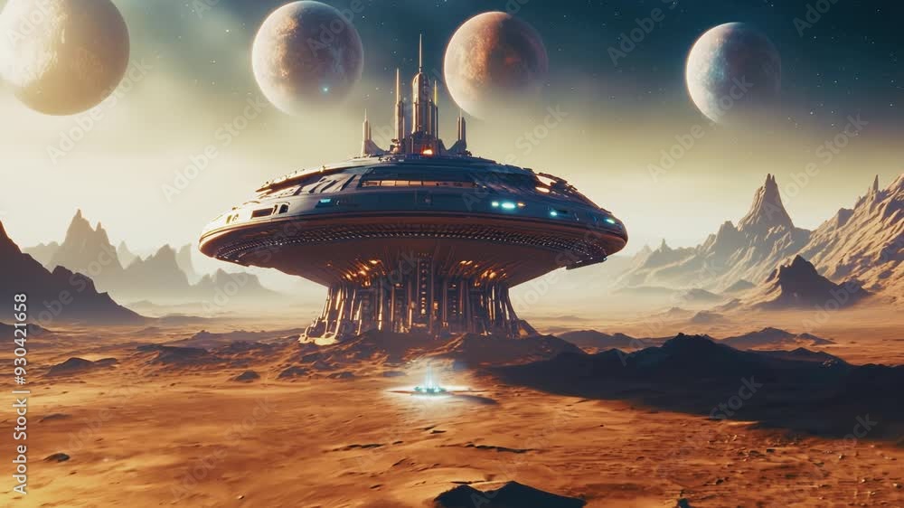 Science fiction illustration of flying saucer like spaceship on the ...