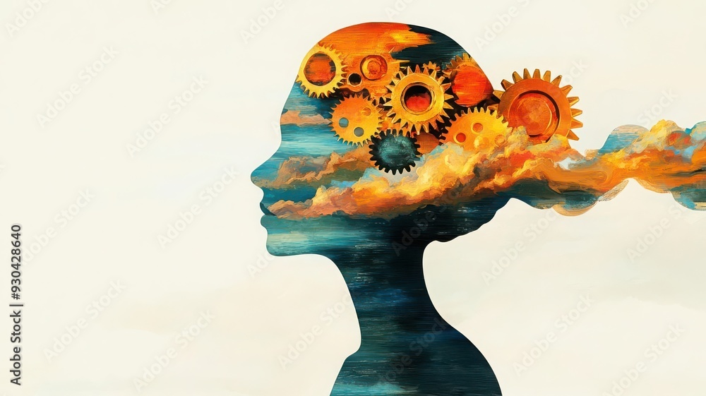 Abstract art of a person with shifting gears in their mind ...