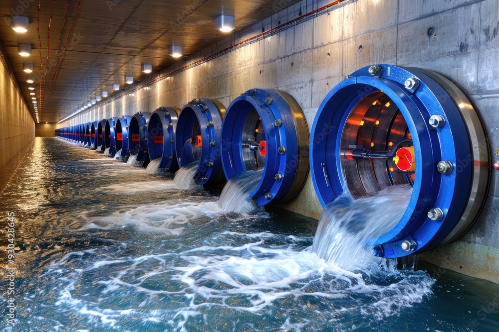 Water flows through a line of penstock pipes in a concrete tunnel Stock ...