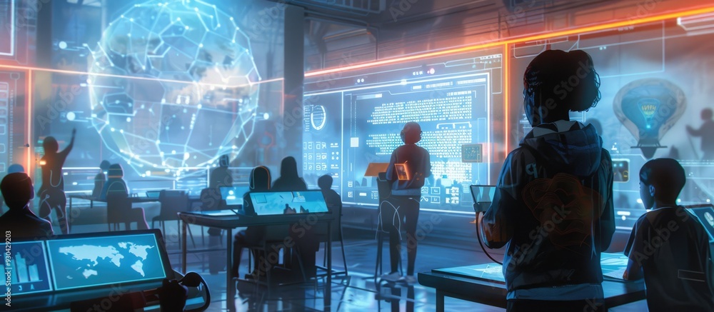 A futuristic classroom where a human teacher and an AI assistant engage ...