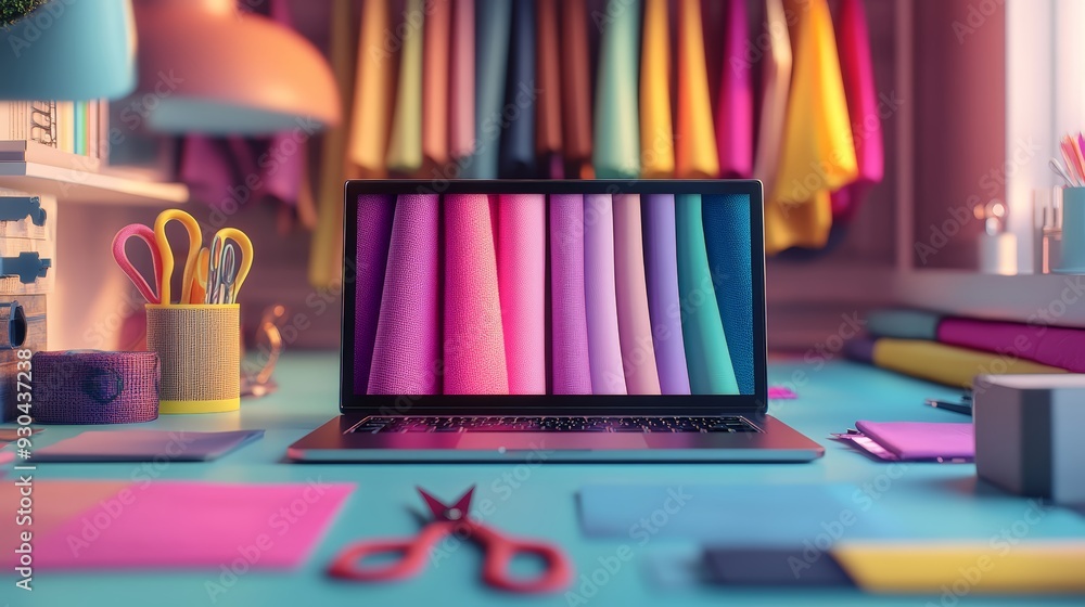 Fashion runway, laptop computer with ongoing work project, fabric ...