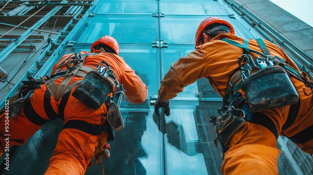 Construction Crew Installing Glass Panels, Skilled workers fitting ...