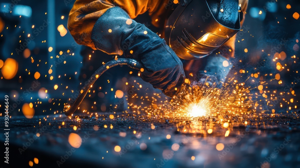 Welder in action, creating a perfect weld on a metal joint ...
