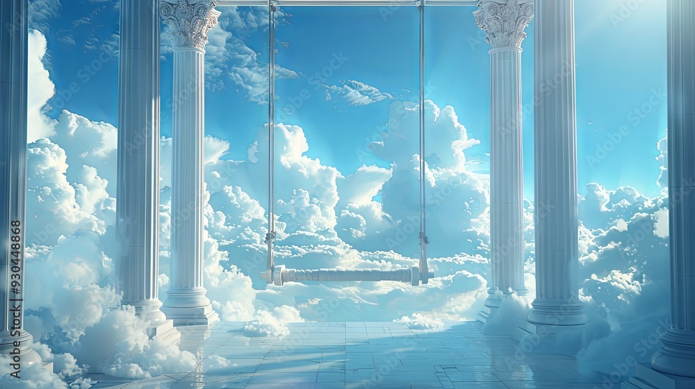 Swing hanging amongst white pillars in heavenly ethereal building ...