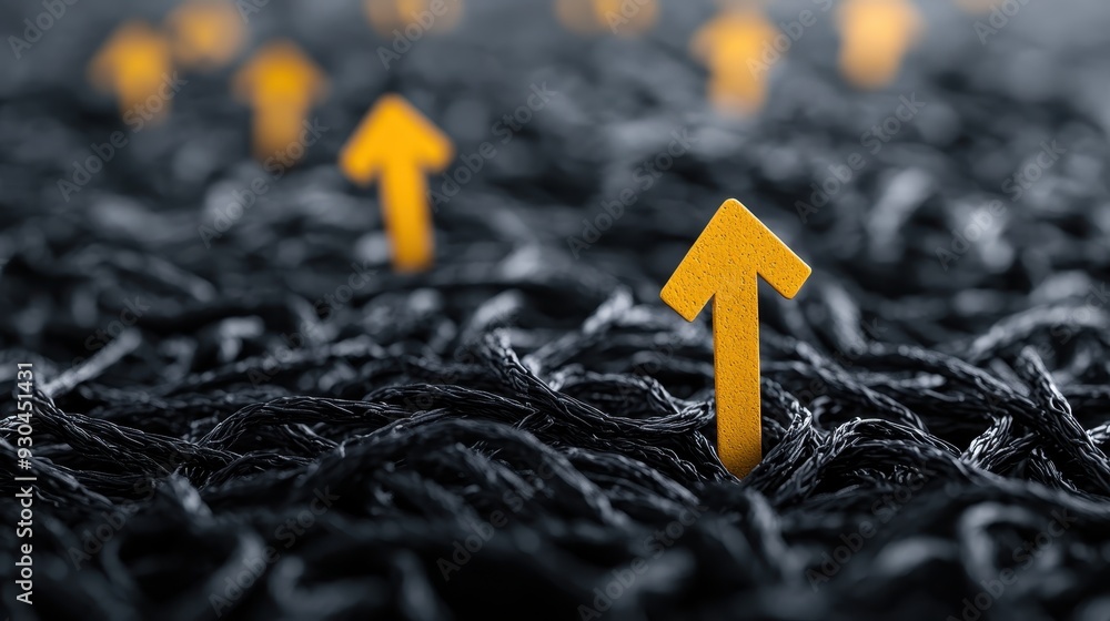 Yellow arrow markers prominently rise above a dark netted surface ...