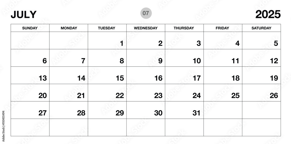 July 2025 year planner template, calendar 2025 template, monthly and ...
