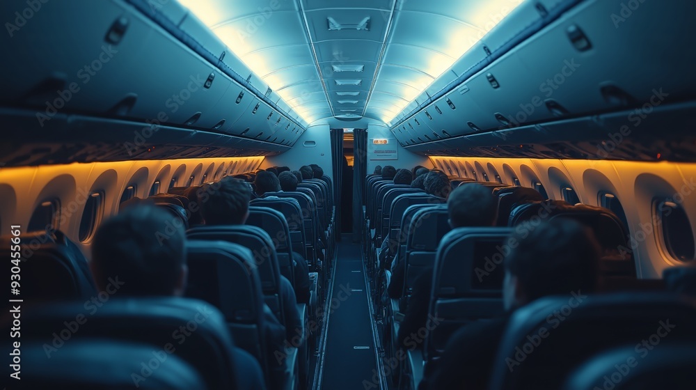 Interior view of an airplane cabin during flight with passengers seated ...