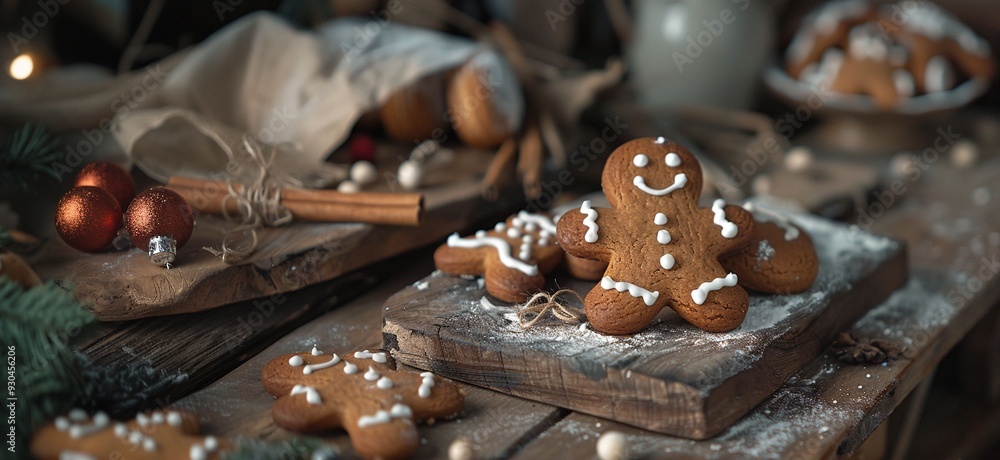 horizontal image, top view of cute gingerbread cookies and Christmas ...