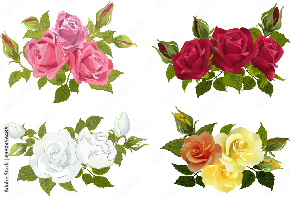 Compositions of multi-colored roses.Vector collection of compositions ...