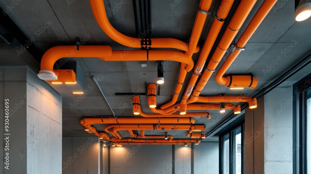 Interior view of an industrial space with orange pipes and conduits ...