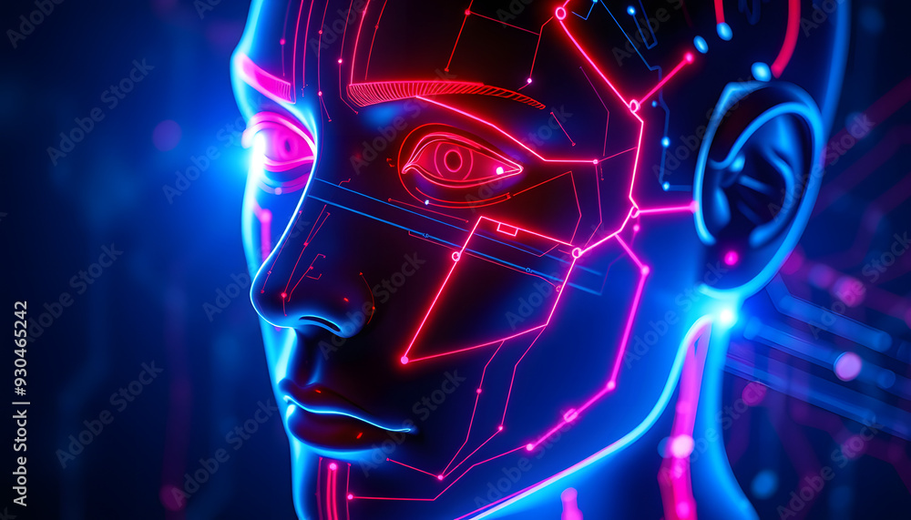 Deepfake, A digital face with red and blue lines representing ...