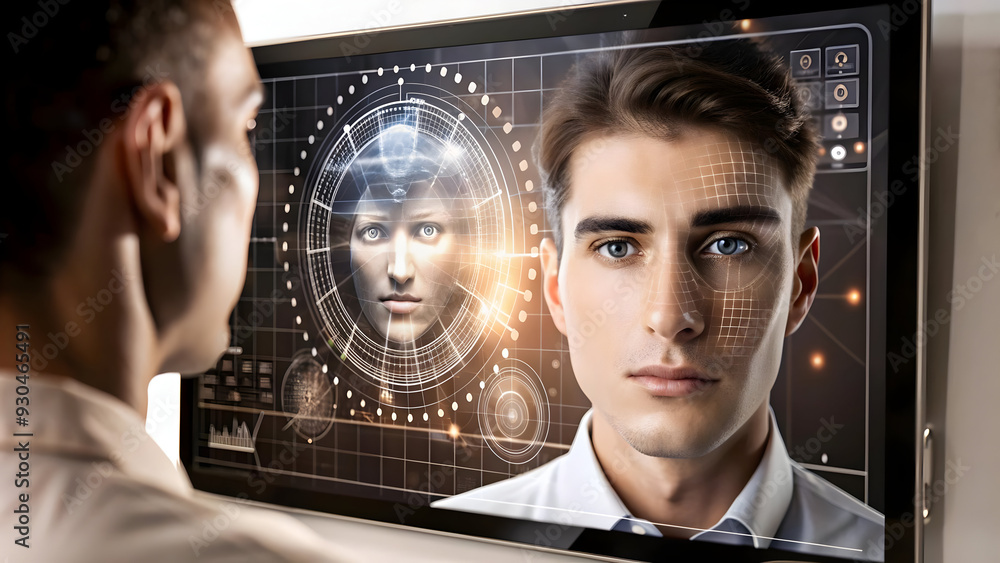 Flat AI Powered Human Machine Interface Vector Concept with Biometric ...