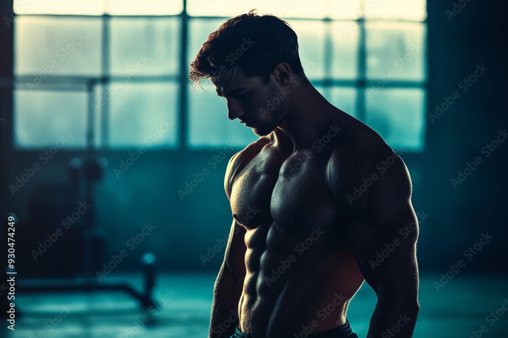 Muscular Man Posing in Gym, Fitness Motivation - A muscular man stands ...