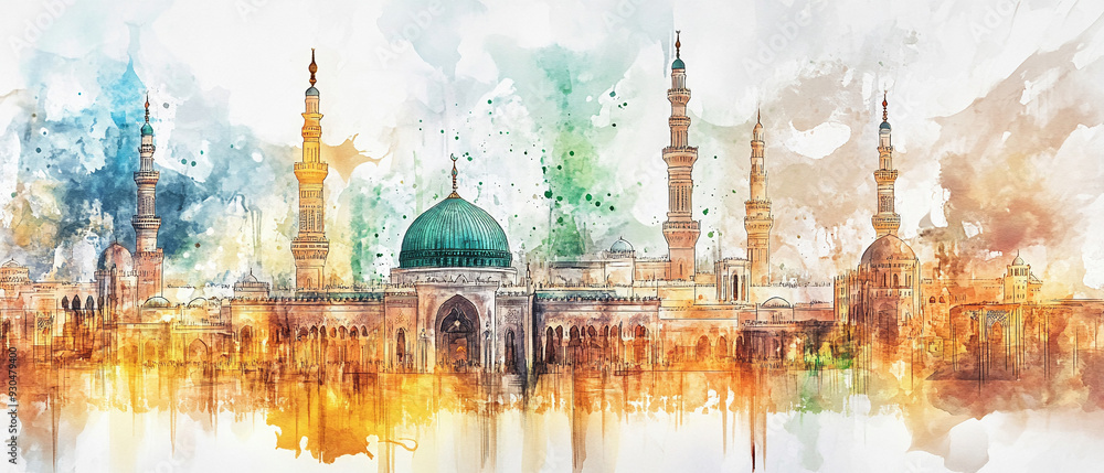Watercolor hand draw The Prophets Mosque (Masjid an-Nabawi) in Medina ...