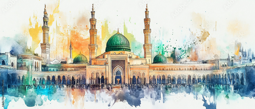 Watercolor hand draw The Prophets Mosque (Masjid an-Nabawi) in Medina ...