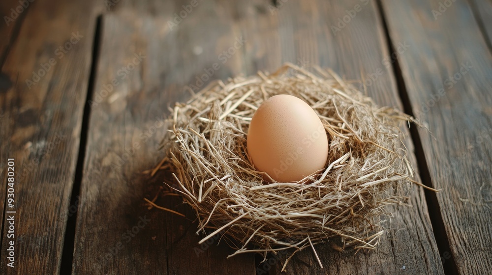 Single Egg Nestled in Rustic Hay Nest on Wooden Background - A single ...