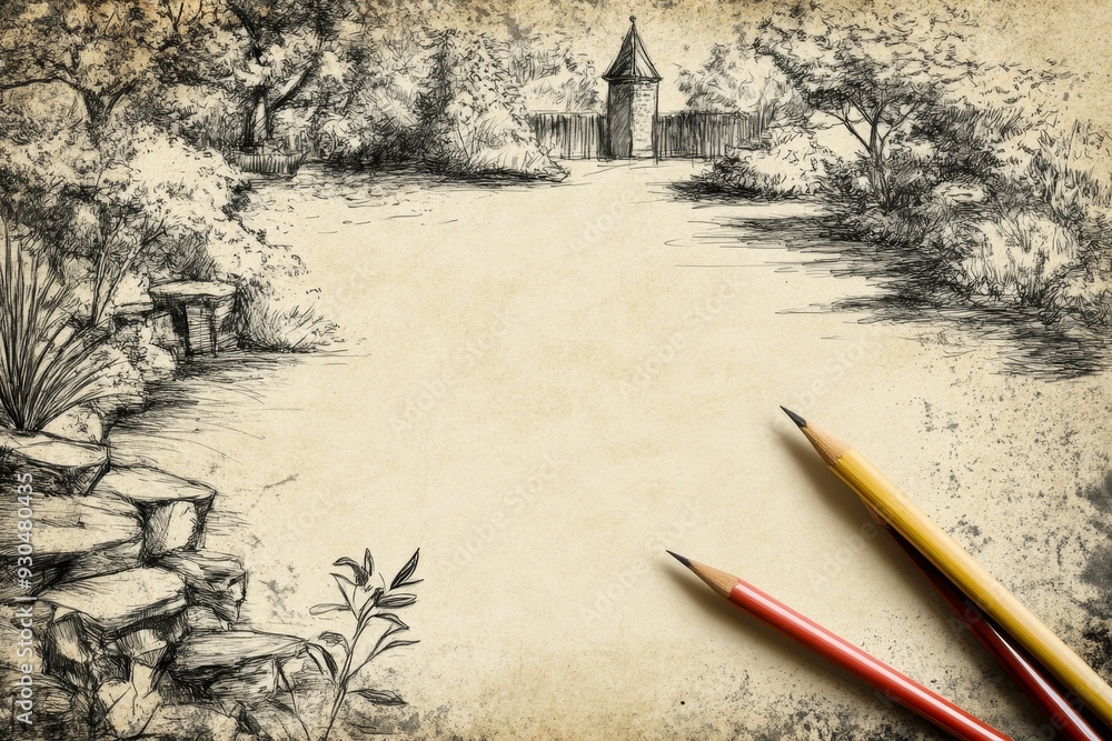 Sketchy Garden Scene with Pencils on Vintage Paper - A pencil sketch of ...