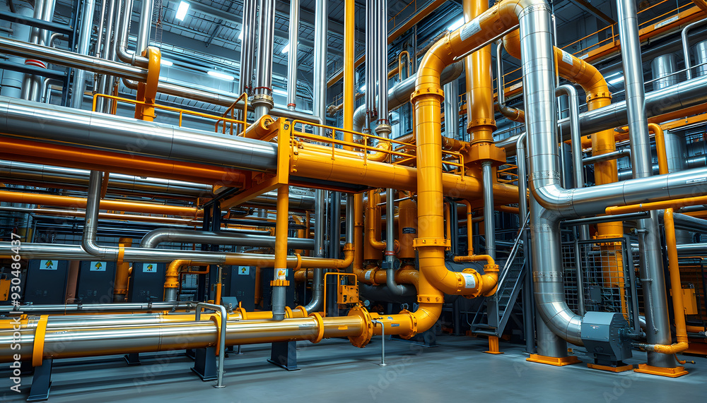 Industrial Piping System in a Large Factory isolated with white ...