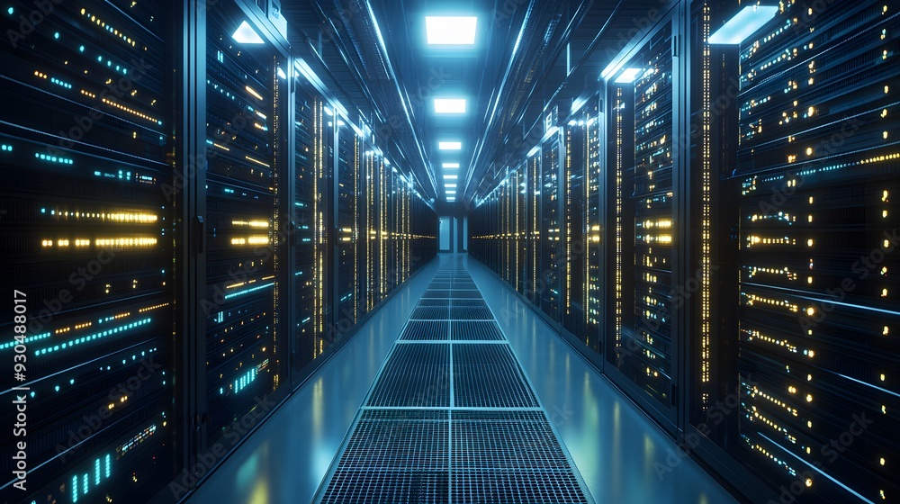 Overworking in data centers, long aisles of servers, neatly bundled ...