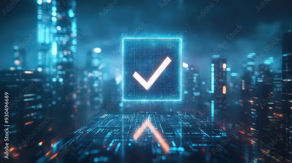 sleek, animated check mark appearing on a digital screen, signifying ...