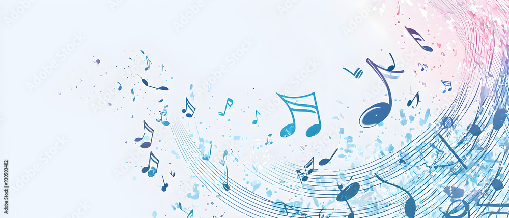 A vector illustration of a music notes banner, featuring a fresh blue ...