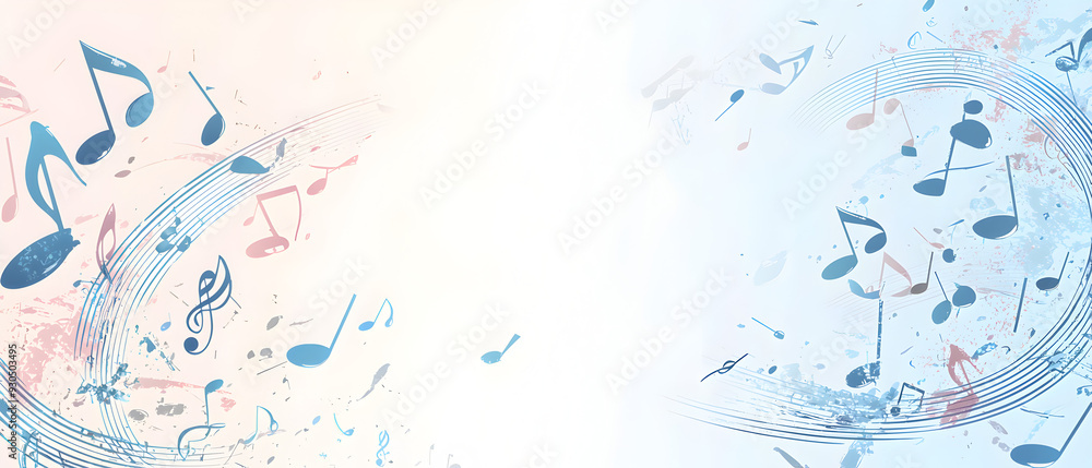 A vector illustration of a music notes banner, featuring a fresh blue ...